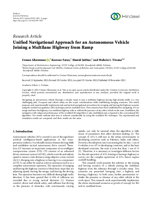 (PDF) Unified Navigational Approach for an Autonomous Vehicle Joining a Multilane Highway from Ramp