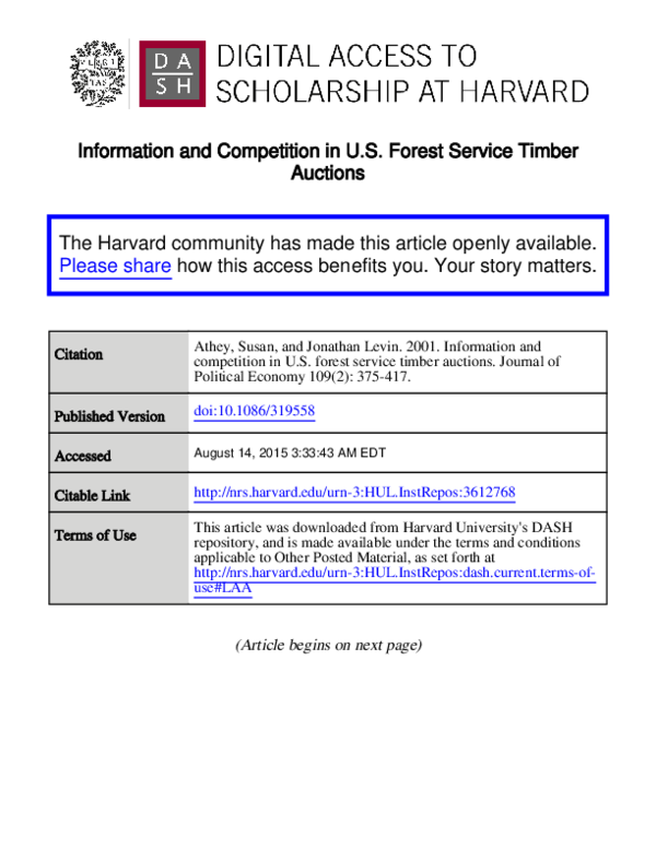 (PDF) Information and Competition in U.S. Forest Service Timber Auctions