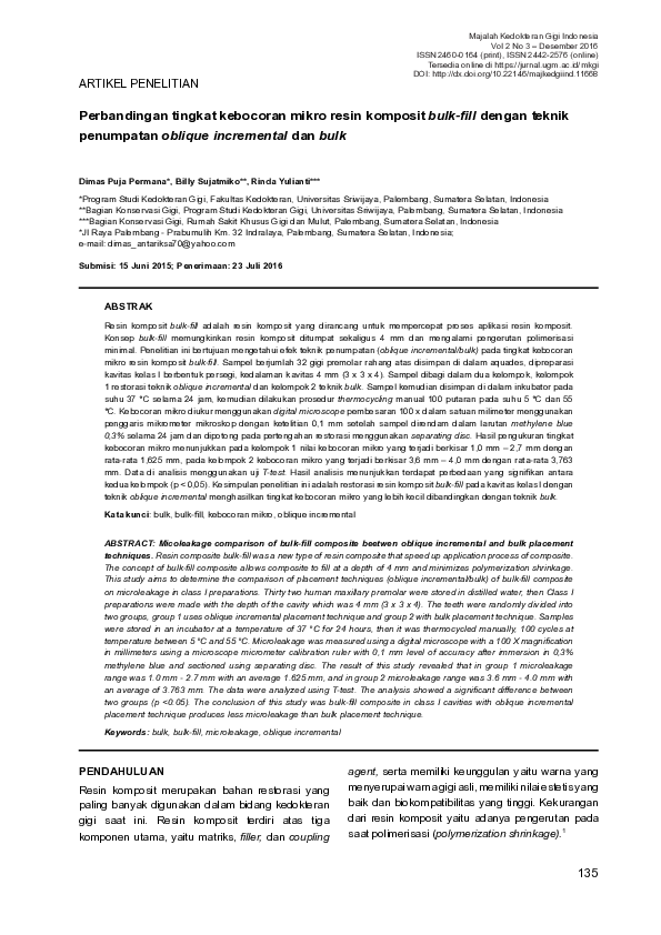 (PDF) Perbandingan tingkat kebocoran mikro resin komposit bulk-filldengan teknik penumpatan ...