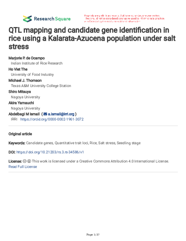 (PDF) QTL mapping and candidate gene identification in rice using a ...