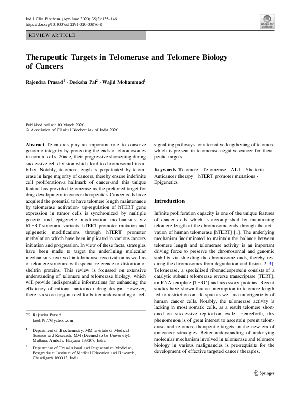 (PDF) Therapeutic Targets in Telomerase and Telomere Biology of Cancers