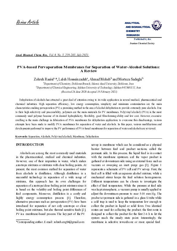 (PDF) PVA-based Pervaporation Membranes for Separation of Water-Alcohol ...