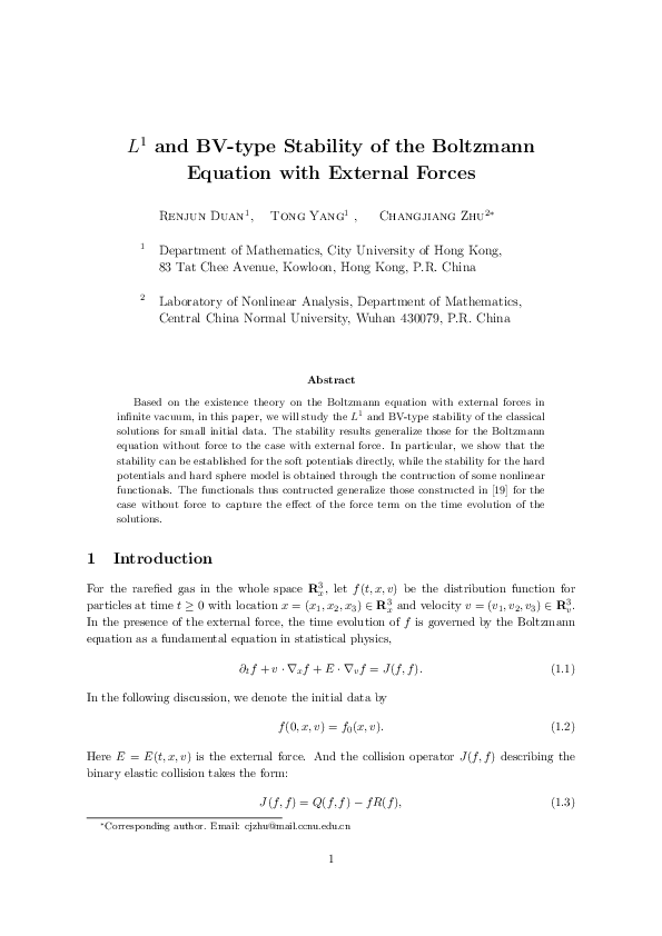 (PDF) L1 and BV-type stability of the Boltzmann equation with external ...
