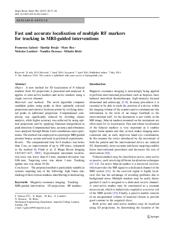 (PDF) Fast and accurate localization of multiple RF markers for tracking in MRI-guided interventions