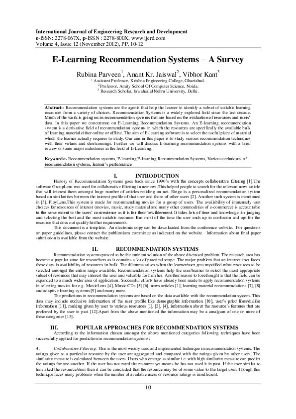 Pdf E Learning Recommendation Systems A Survey