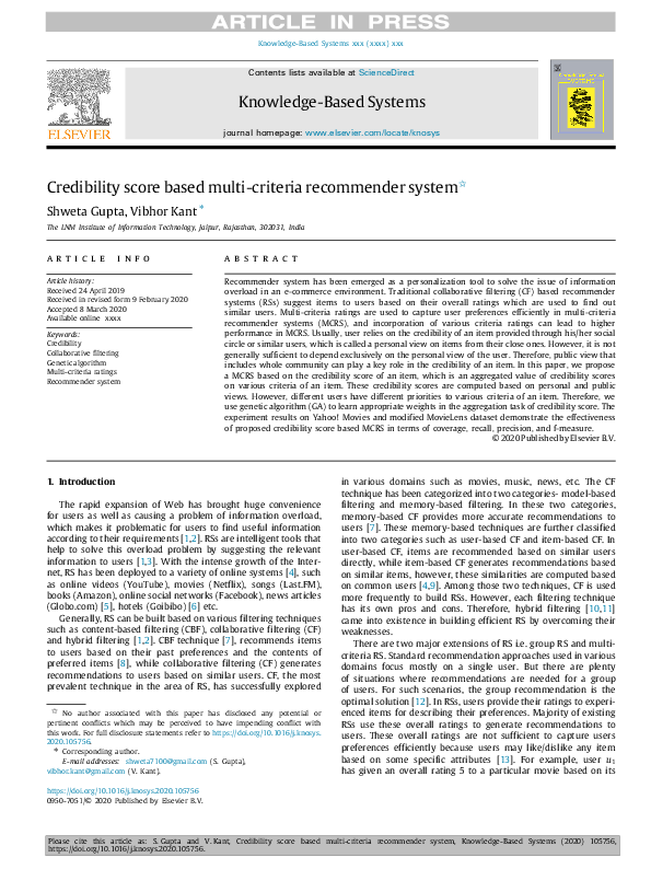 (PDF) Credibility score based multi-criteria recommender system