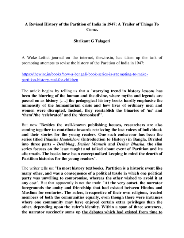 (PDF) A Revised History of the Partition of India in 1947: A Trailor of ...