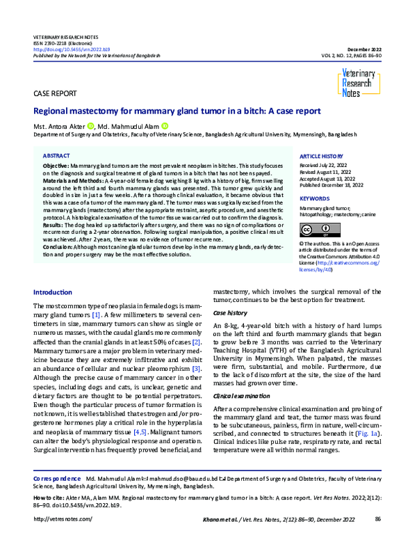 Pdf Regional Mastectomy For Mammary Gland Tumor In A Bitch A Case Report