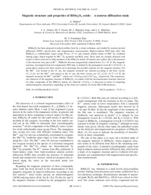 (PDF) Magnetic structure and properties ofBiMn2O5oxide: A neutron ...