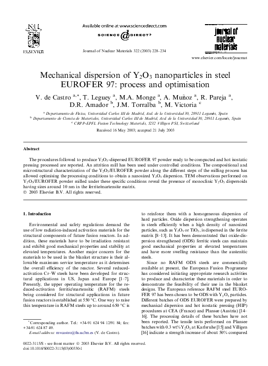 (PDF) Mechanical dispersion of Y2O3 nanoparticles in steel EUROFER 97 ...