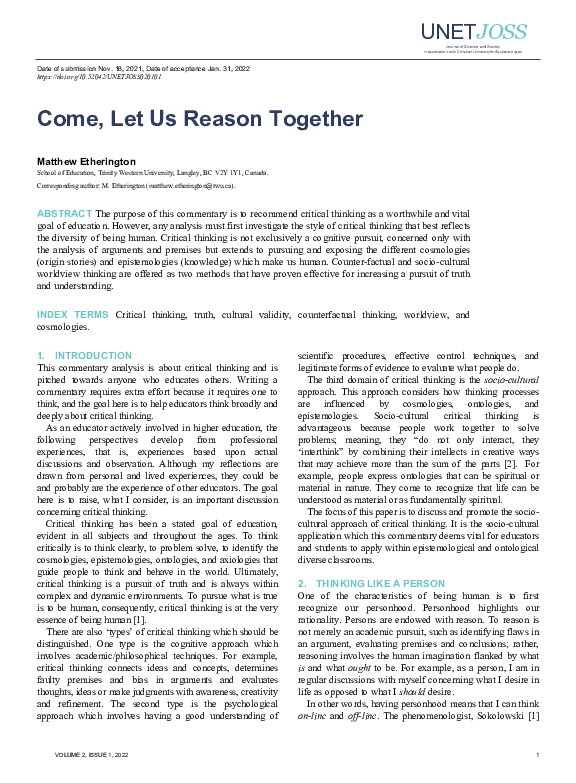 (PDF) Come, Let Us Reason Together