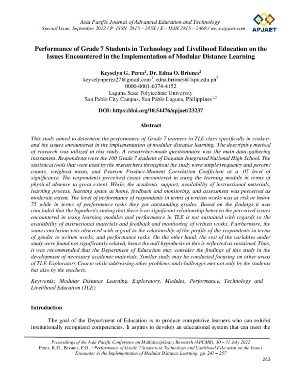 (PDF) Performance of Grade 7 Students in Technology and Livelihood ...