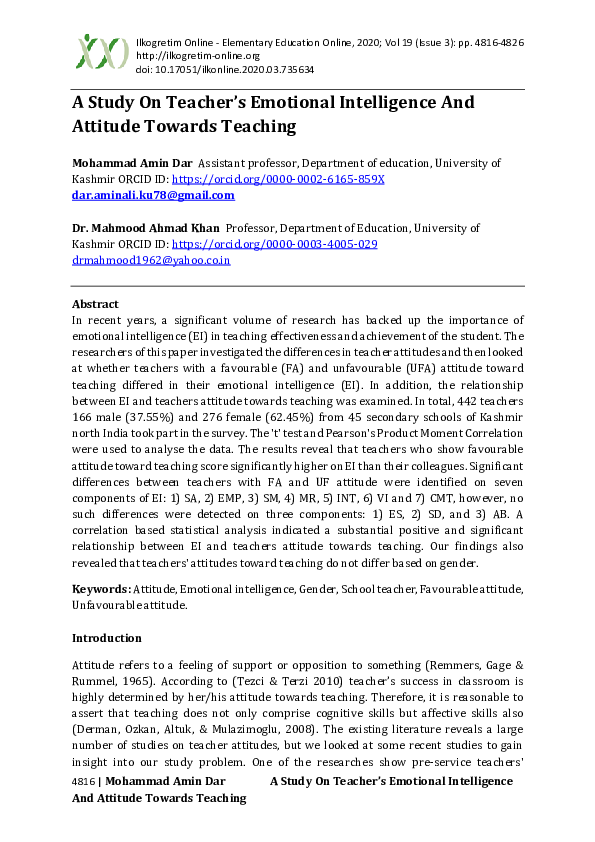 (PDF) Emotional Intelligence and Attitude towards Teaching