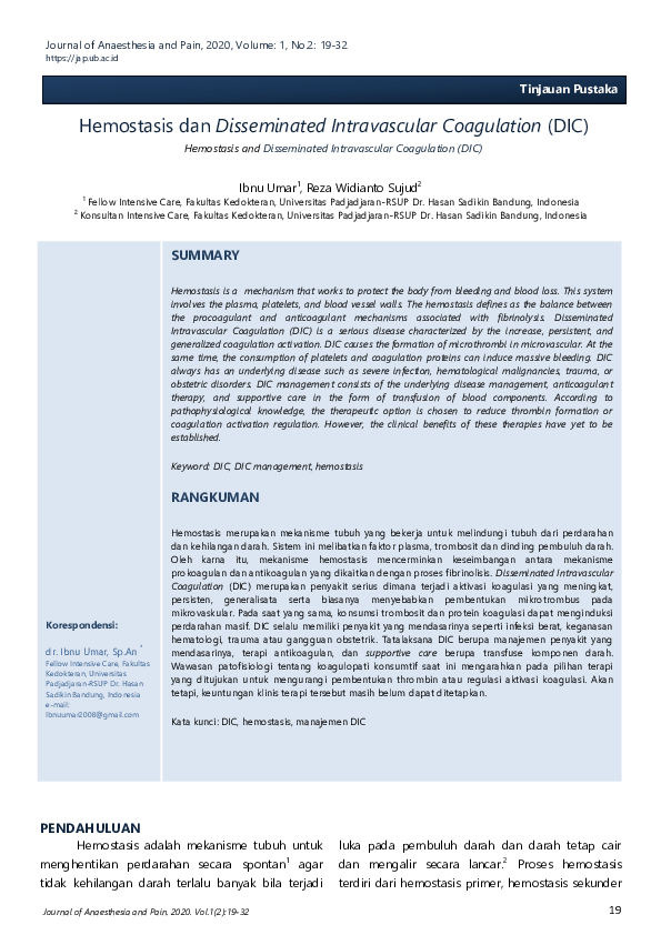 (PDF) Hemostasis dan Disseminated Intravascular Coagulation (DIC)