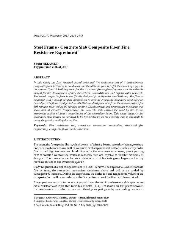 Pdf Steel Frame Concrete Slab Composite Floor Fire Resistance Experiment Serdar Selamet