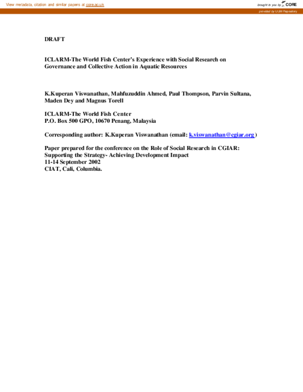 (PDF) ICLARM-The World Fish Center’s Experience with Social Research on ...