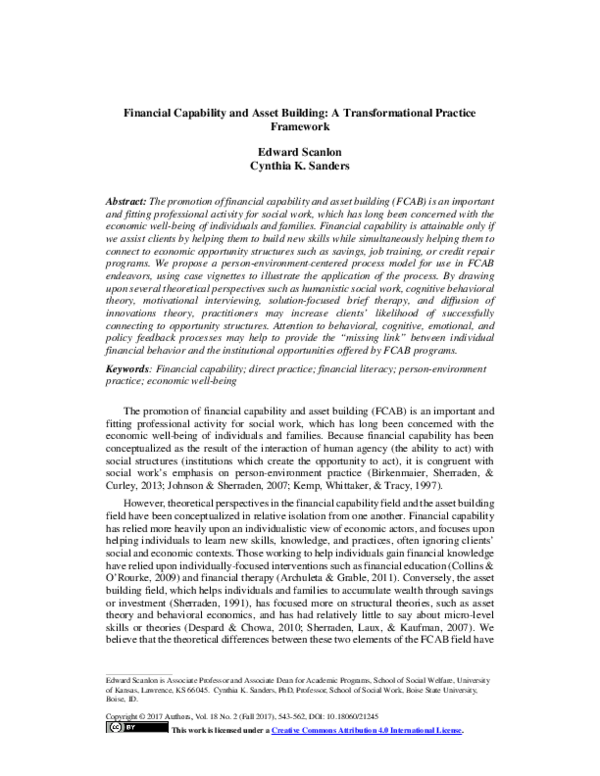 (PDF) Financial Capability and Asset Building: A Transformational Practice Framework