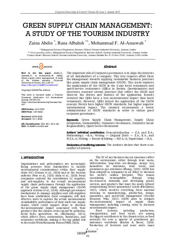 (PDF) Green supply chain management: A study of the tourism industry