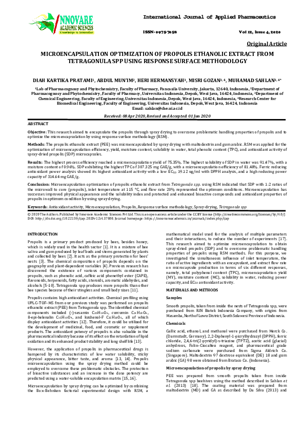 Pdf Microencapsulation Optimization Of Propolis Ethanolic Extract From Tetragonula Spp Using