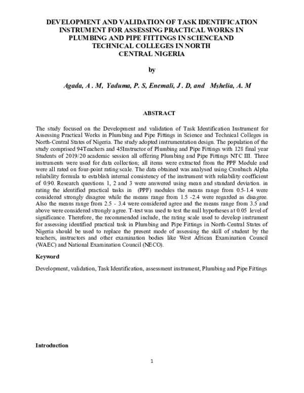 DEVELOPMENT AND VALIDATION OF TASK IDENTIFICATION INSTRUMENT FOR ...
