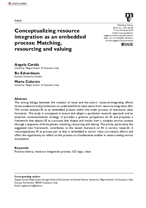 (PDF) Conceptualizing resource integration as an embedded process: Matching, resourcing and valuing
