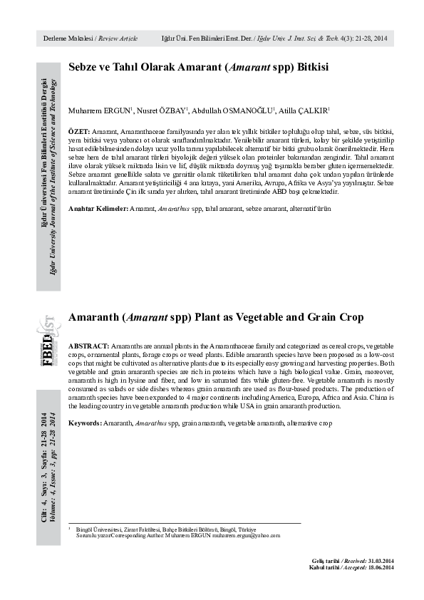 (PDF) Sebze ve Tahıl Olarak Amarant (Amarant spp) Bitkisi