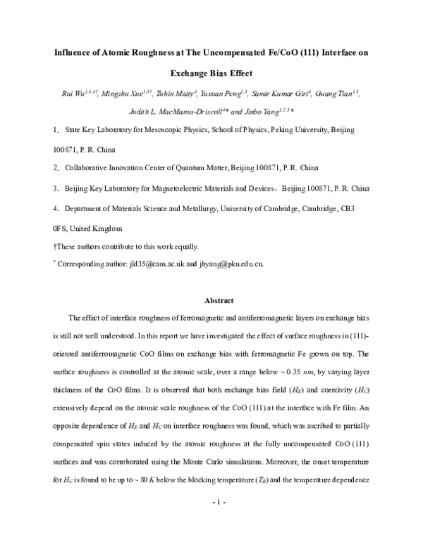 (PDF) Influence of atomic roughness at the uncompensated Fe/CoO(111 ...
