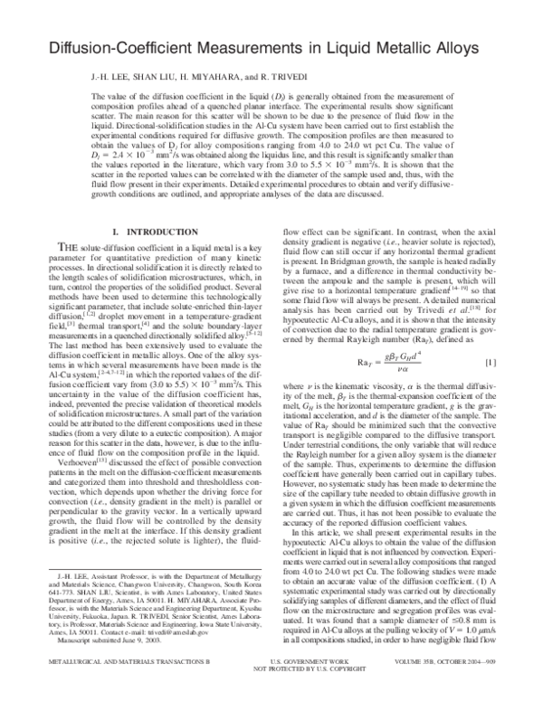 (PDF) Diffusion-coefficient measurements in liquid metallic alloys