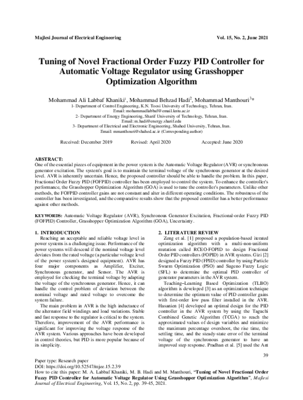 Pdf Tuning Of Novel Fractional Order Fuzzy Pid Controller For Automatic Voltage Regulator
