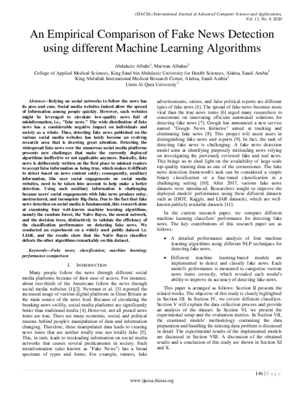 (PDF) An Empirical Comparison of Fake News Detection using different Machine Learning Algorithms