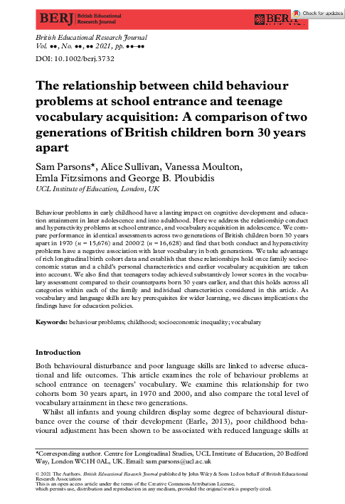 (PDF) The relationship between child behaviour problems at school ...