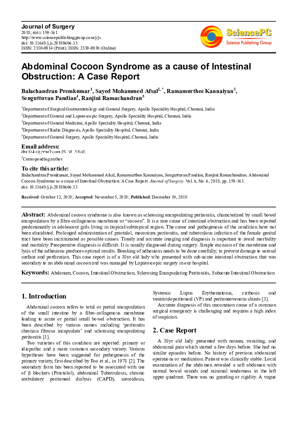 (PDF) Abdominal Cocoon Syndrome as a cause of Intestinal Obstruction: A ...