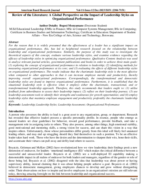 (PDF) Review of the Literature: A Global Perspective on the Impact of Leadership Styles on ...