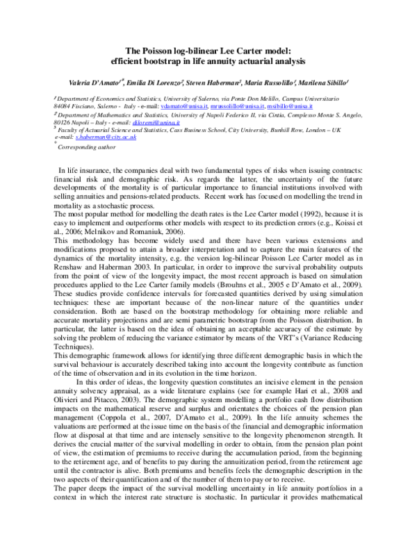 (PDF) The Poisson log-bilinear Lee Carter model: Efficient bootstrap in ...