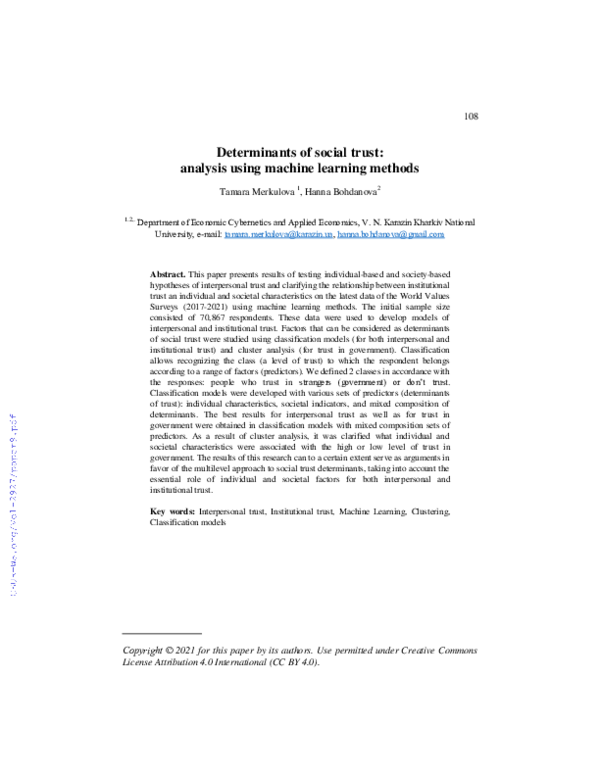 (PDF) Determinants of social trust: analysis using machine learning methods