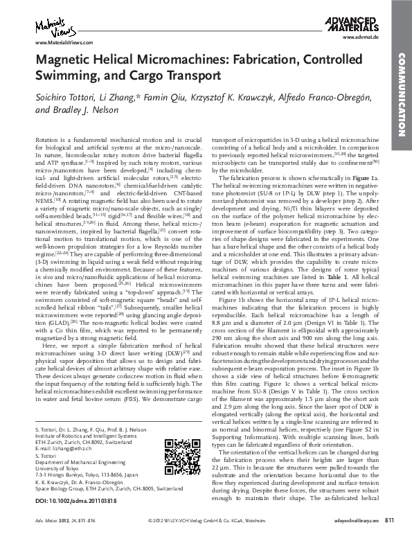 (PDF) Magnetic Helical Micromachines: Fabrication, Controlled Swimming ...