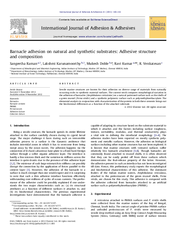 (PDF) Barnacle adhesion on natural and synthetic substrates: Adhesive ...