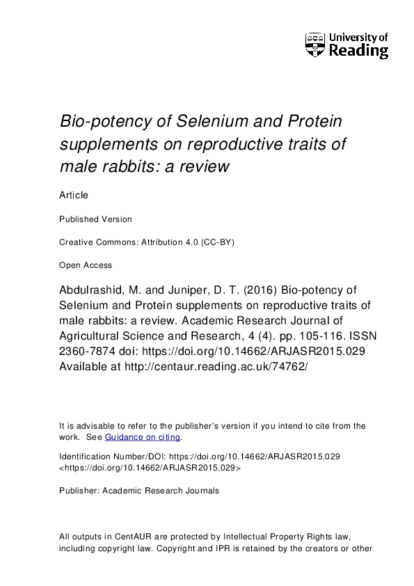 (PDF) Bio-potency of Selenium and Protein supplements on reproductive traits of male rabbits: a ...