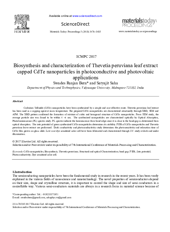 (PDF) Biosynthesis and characterization of Thevetia peruviana leaf extract capped CdTe ...