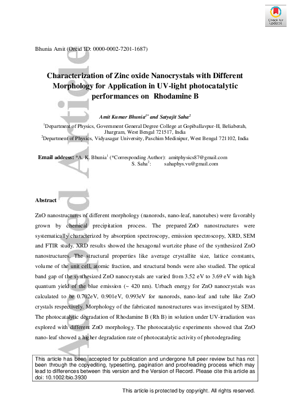 (PDF) Characterization of zinc oxide nanocrystals with different morphology for application in ...