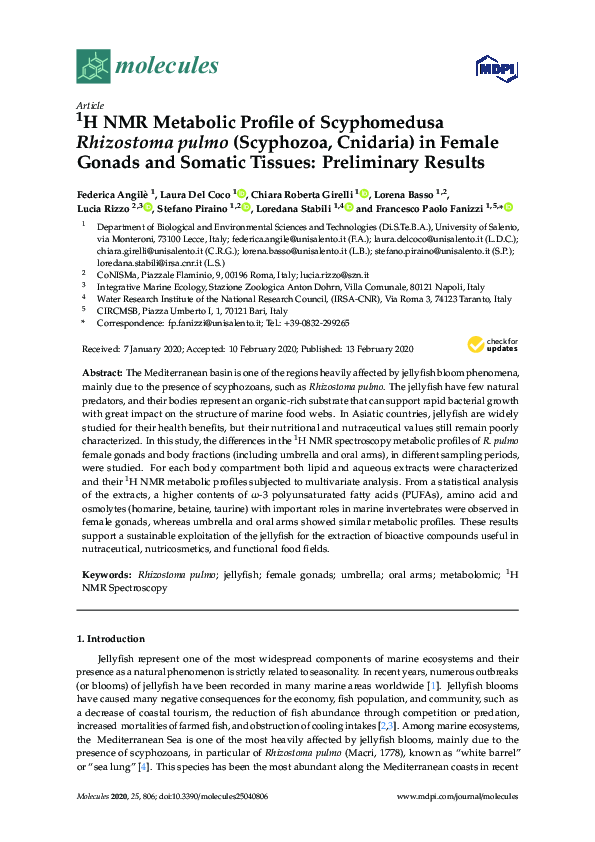(PDF) 1H NMR Metabolic Profile of Scyphomedusa Rhizostoma pulmo ...