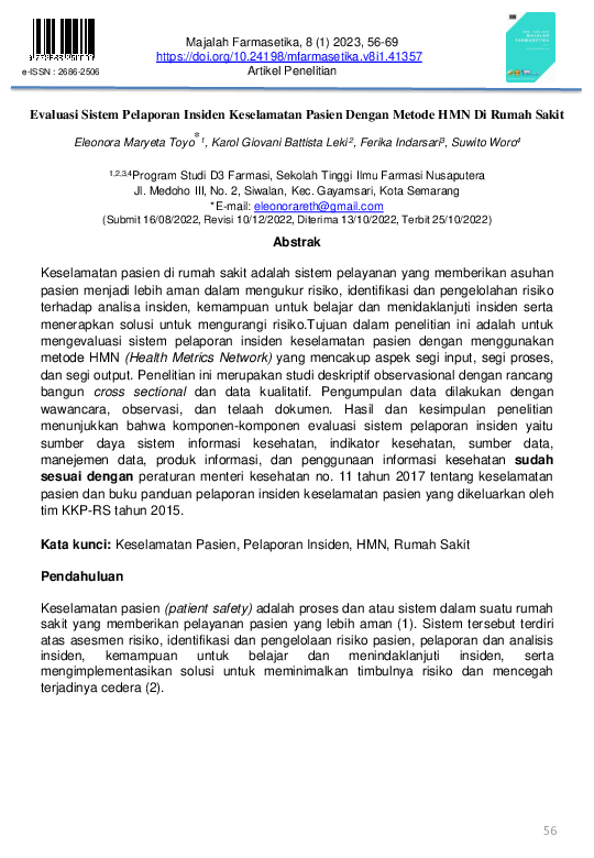 (PDF) Evaluasi Sistem Pelaporan Insiden Keselamatan Pasien Dengan Metode HMN Di Rumah Sakit