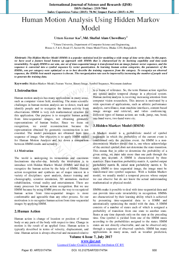 (PDF) Human Motion Analysis Using Hidden Markov Model