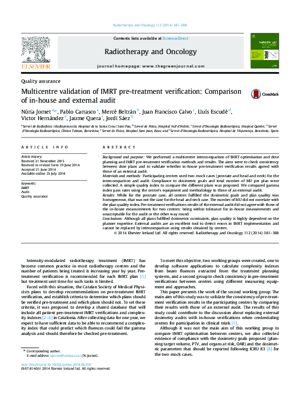 (PDF) Multicentre validation of IMRT pre-treatment verification: Comparison of in-house and ...
