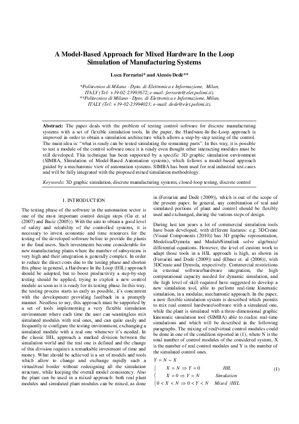 (PDF) A model-based approach for mixed hardware in the loop simulation of manufacturing systems