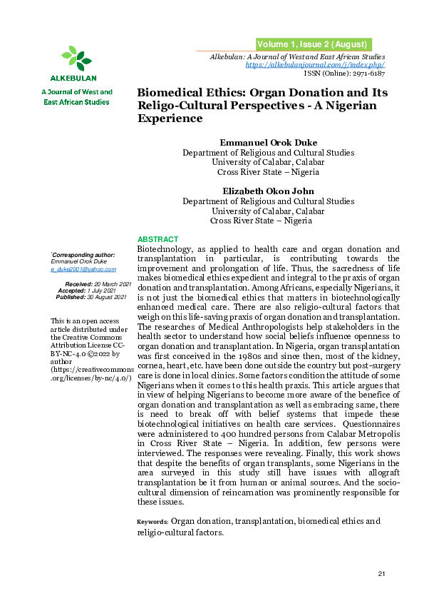 (PDF) Biomedical Ethics: Organ Donation and Its Religo-Cultural ...