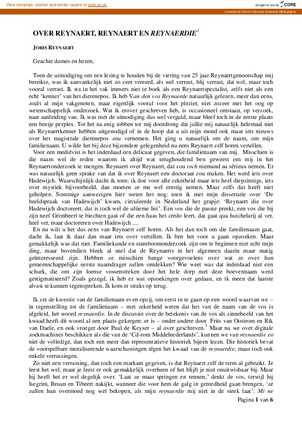 (PDF) Over Reynaert, Reynaert en reynaerdie