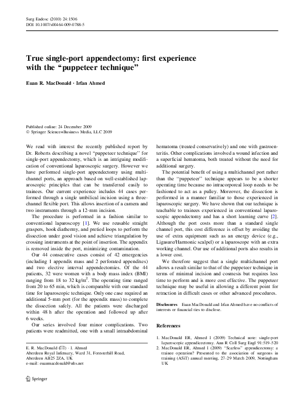 (PDF) True single-port appendectomy: first experience with the ...