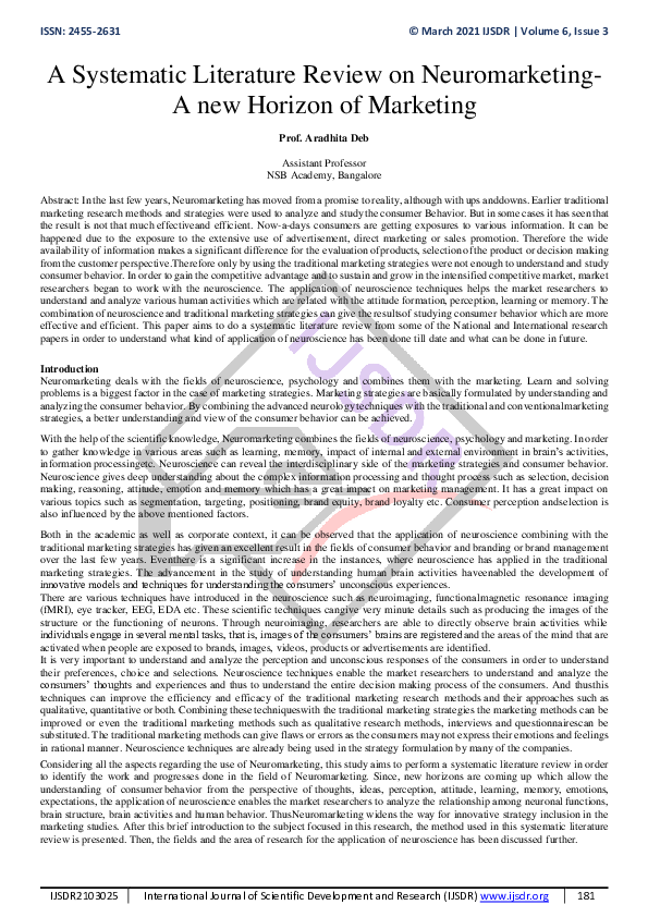 (PDF) A Systematic Literature Review on Neuromarketing- A new Horizon of Marketing