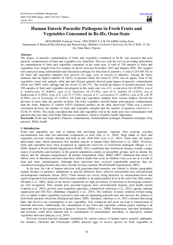 (PDF) Human Enteric Parasitic Pathogens in Fresh Fruits and Vegetables ...